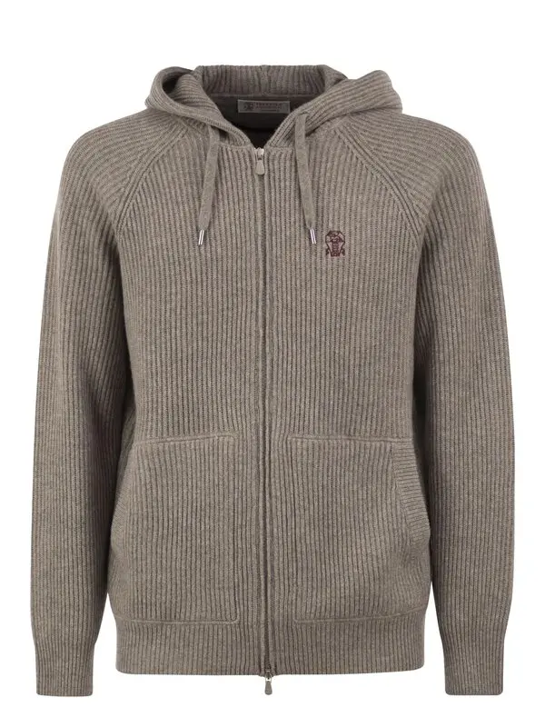 Brunello Cucinelli English Rib Cashmere Knit Hooded Topwear - Gray