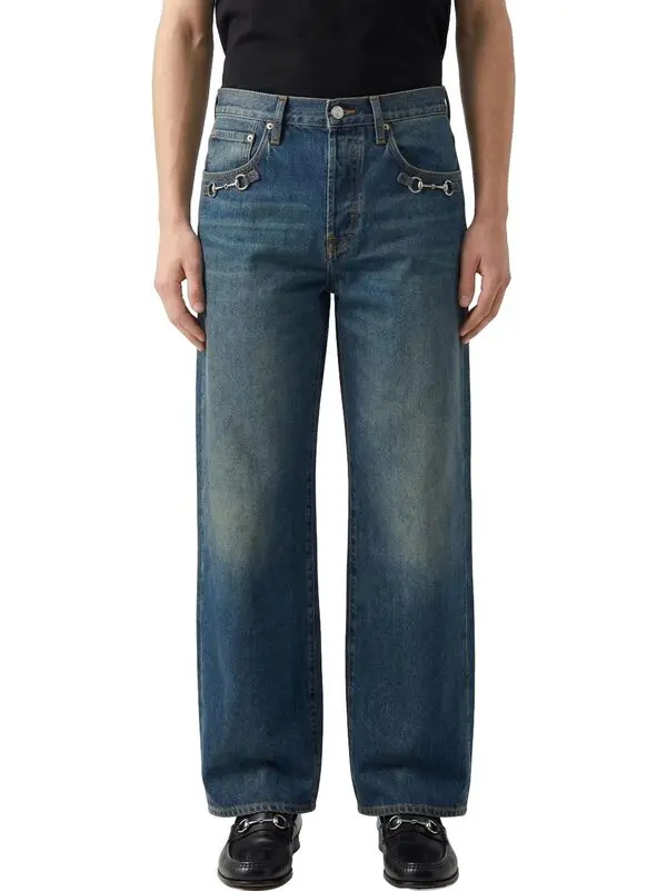 Gucci Cotton Denim Wide Leg Jeans With Horsebit - Blue