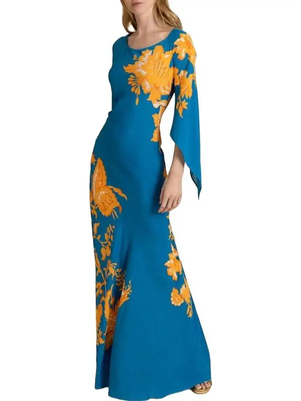 Etro Stamped Floral Drape-sleeve Maxi Dress - Blue