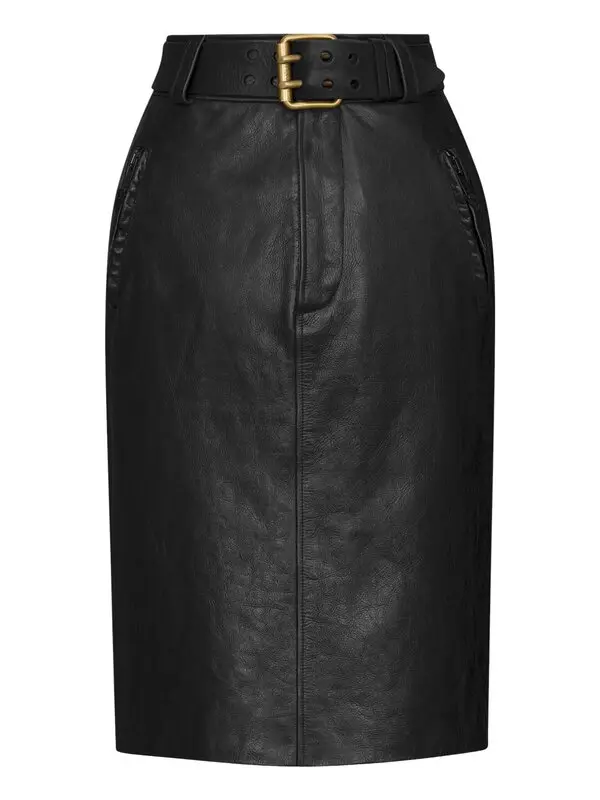 Saint Laurent Crinkled Calfskin Belted Pencil Skirt - Black