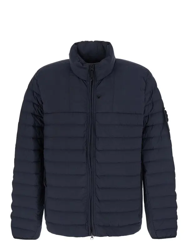 Stone Island Blue High Collar Down Jacket With Logo Patch On Sleeve In Tech Fabric For - Multicolor