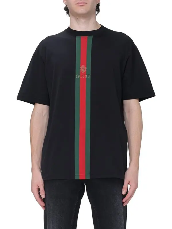 Gucci Striped Cotton T-shirt With Web Detail And Dropped Shoulders - Black