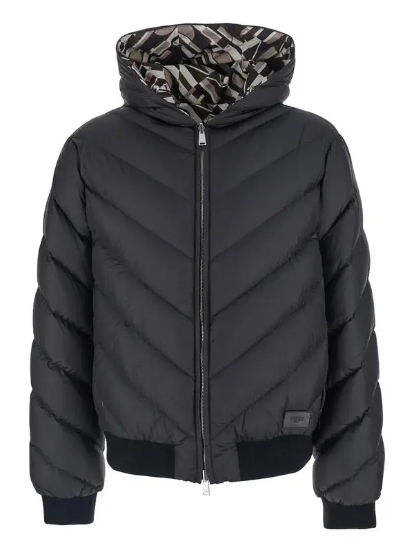 Fendi Reversible Puffer Jacket With Hood And Logo Patch On Front In Black Tech Fabric For - Multicolor