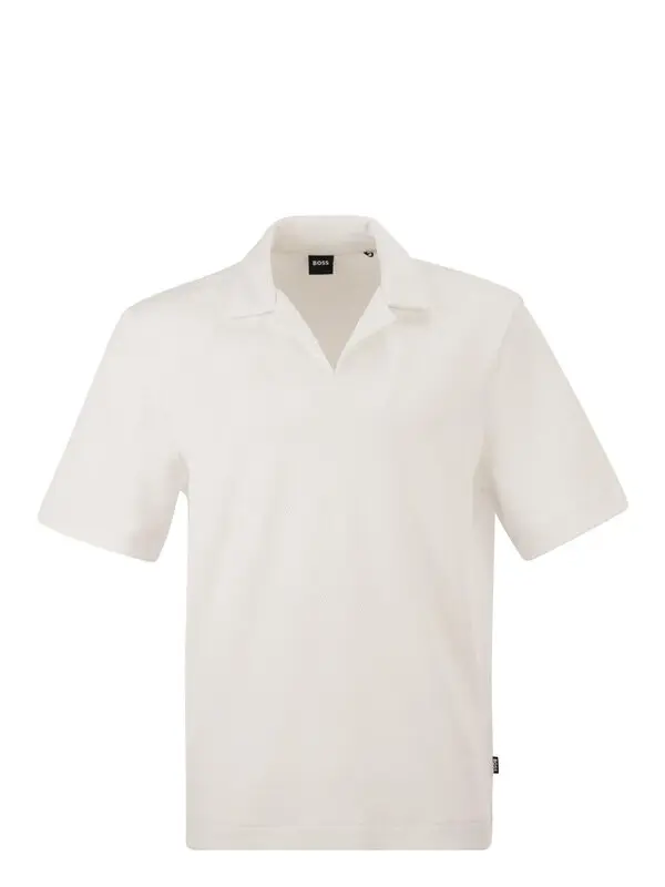 BOSS Textured Cotton Polo Shirt With Open Collar - White