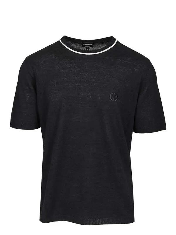 Giorgio Armani Crew Neck Sweater In Linen And Silk - Blue