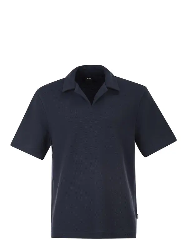 BOSS Textured Cotton Polo Shirt With Open Collar - Blue