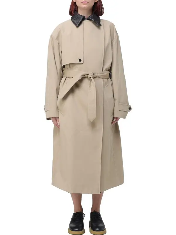 Bottega Veneta Oversized Long Cotton Trench Coat With Leather Collar - Cream