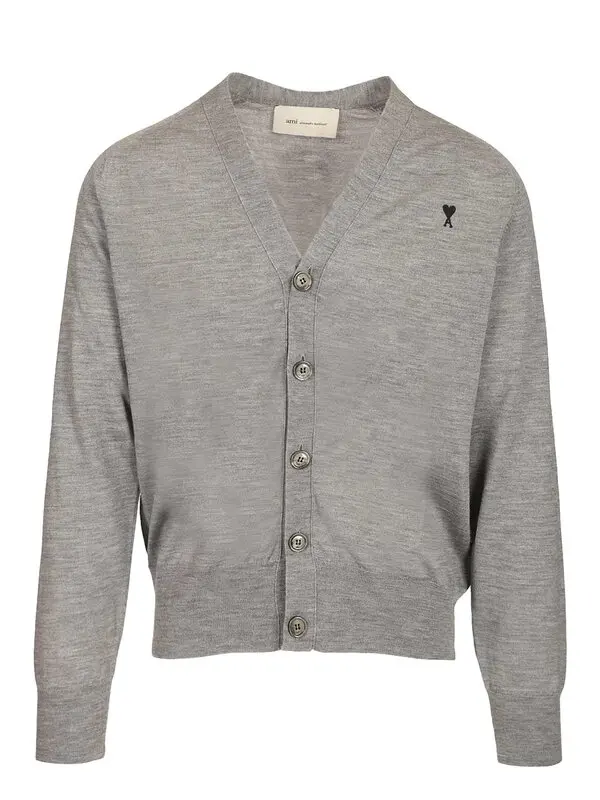 AMI Paris V-neck Wool Cardigan - Gray