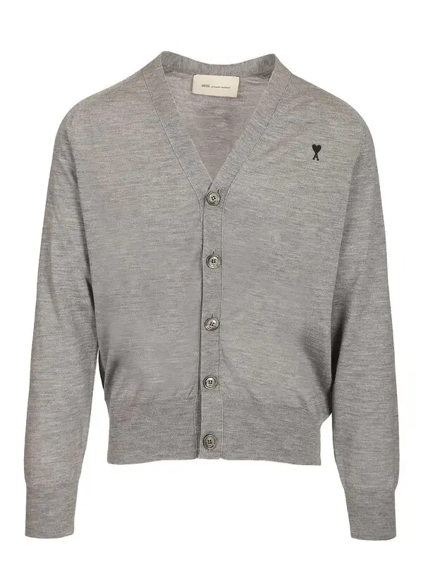 AMI Paris V-neck Wool Cardigan - Gray