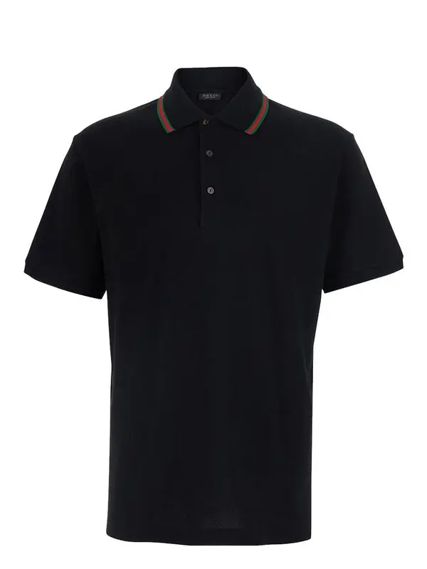 Gucci Polo Shirt With Web Collar And Short Sleeves In Cotton For - Black