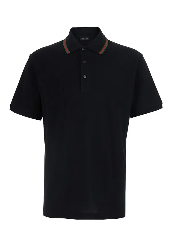 Gucci Polo Shirt With Web Collar And Short Sleeves In Cotton For - Black