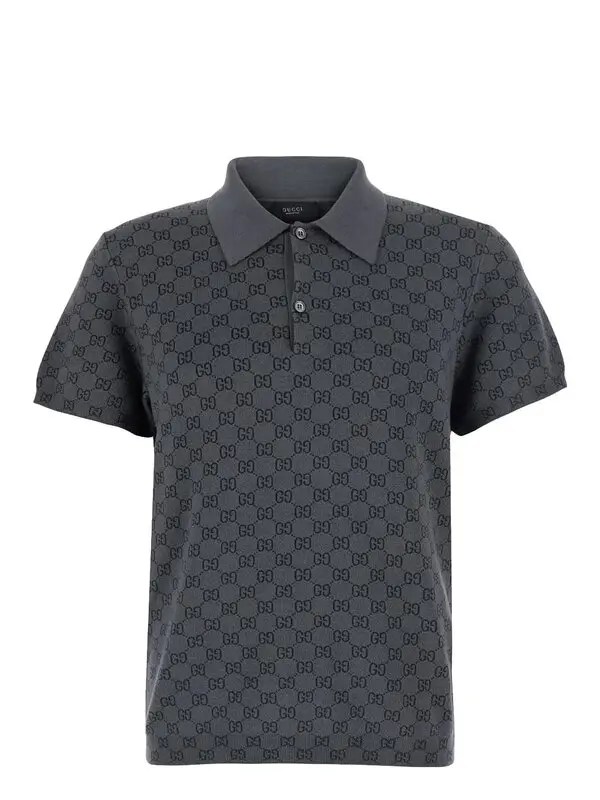 Gucci Gray Polo. Shirt With Classic Collar And All-over Gg Logo In Wool And Silk For - Multicolor