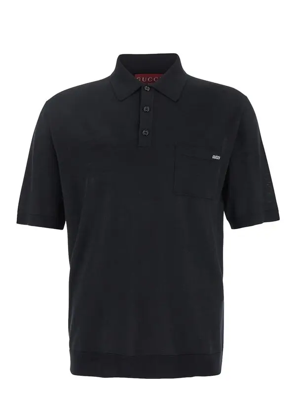 Gucci Black Polo Shirt With Chest Pocket And Embroidered Logo On The Front In Fine Silk Knit - Multicolor