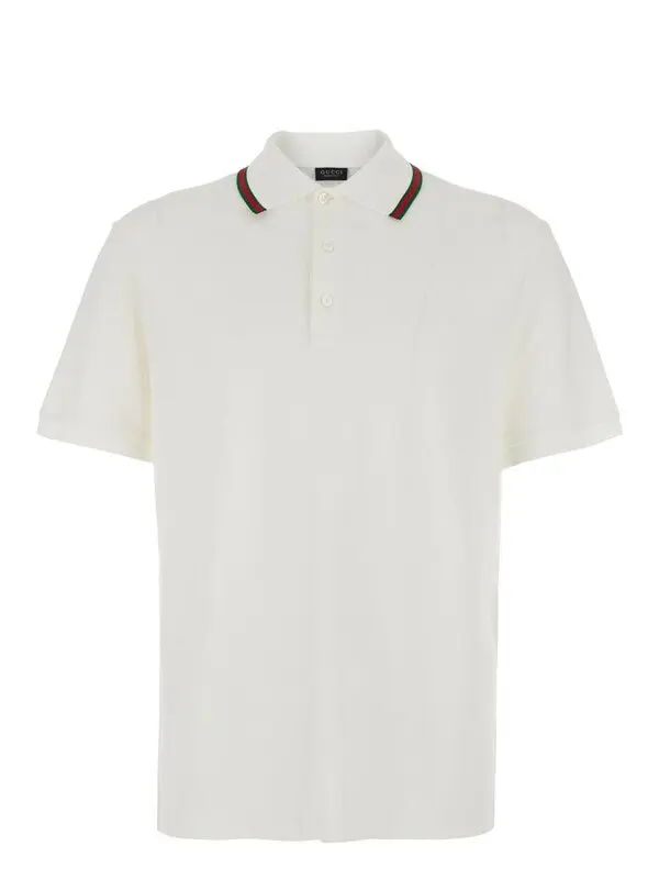 Gucci Polo Shirt With Web Collar And Short Sleeves In Cotton For - White