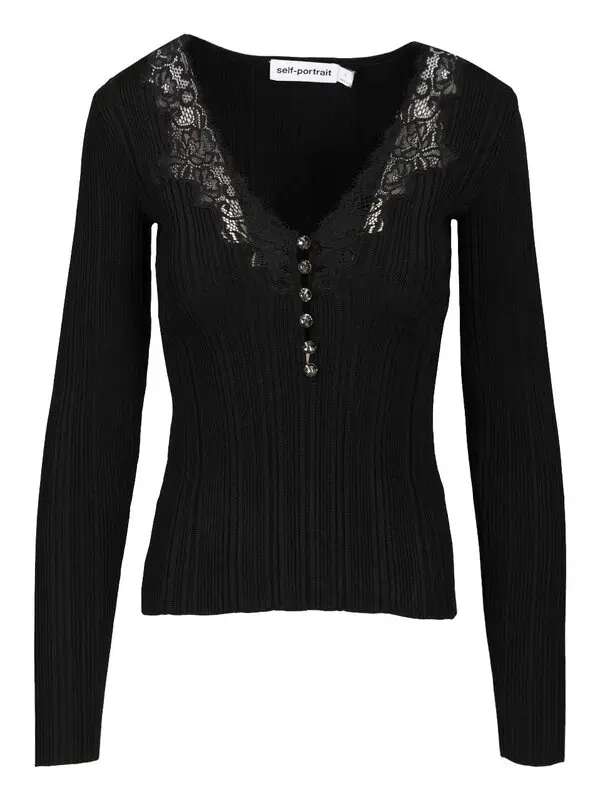 SELF-PORTRAIT Ribbed Knit Top With Lace Trim - Black