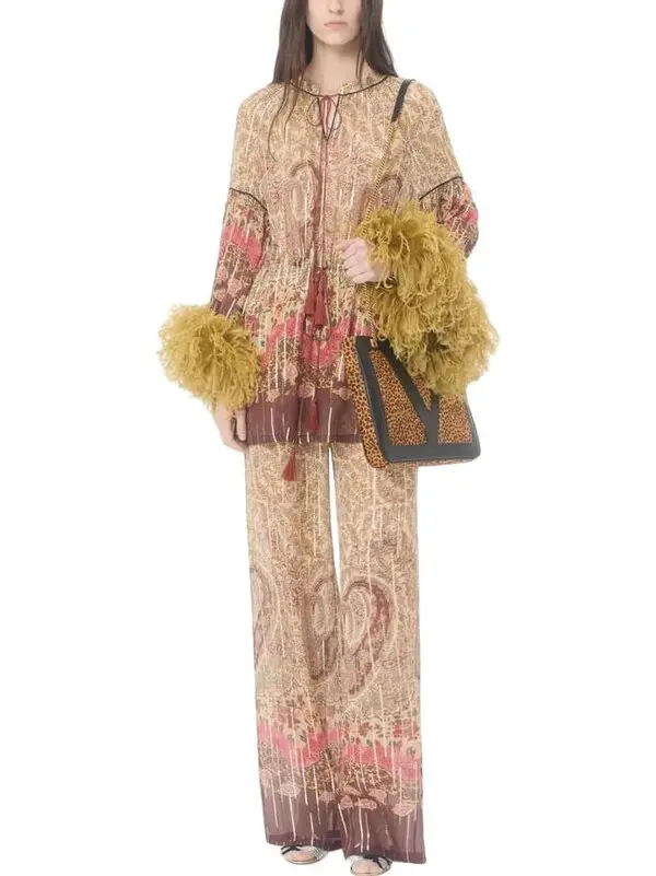 Valentino Garavani Paisley Print Feather-trim Silk Blouse - Cream