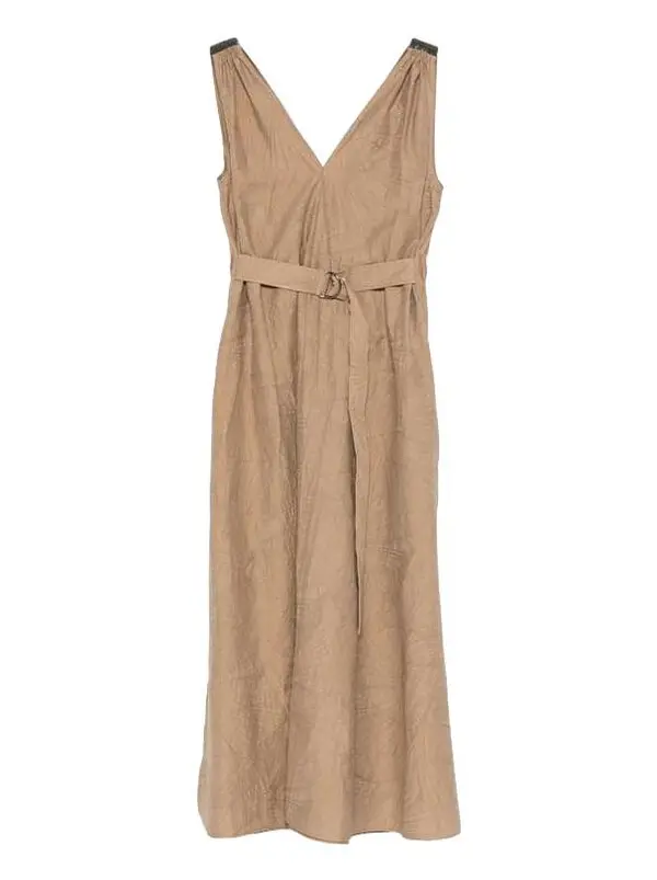 Brunello Cucinelli Sleeveless V-neck Belted Dress - Brown