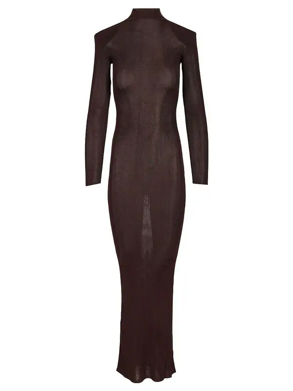 SELF-PORTRAIT Long Viscose Knit Dress - Brown