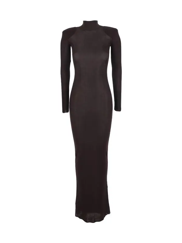 SELF-PORTRAIT Brown Turtleneck Long Dress With Shoulder Pads In Viscose - Multicolor