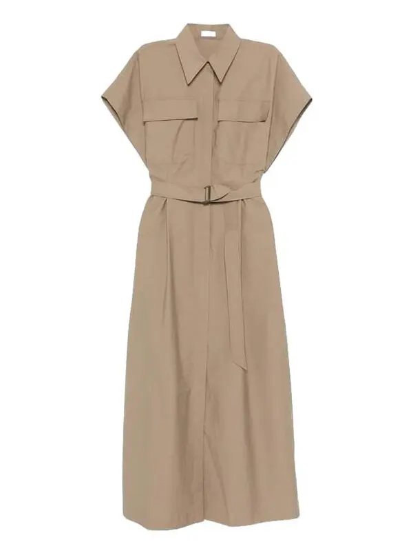 Brunello Cucinelli Belted Pointed Collar Midi Day Dress - Cream