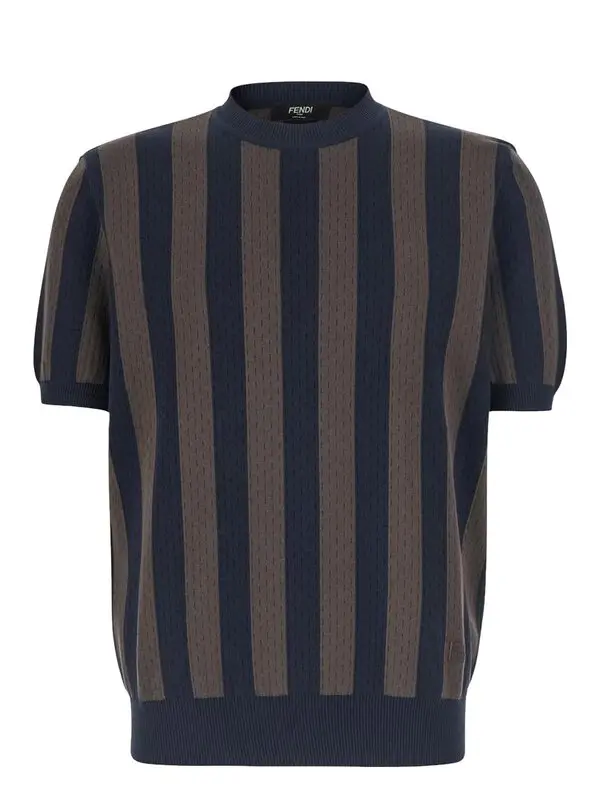 Fendi Blue Crew Neck T-shirt With All-over Striped Motif In Cotton And Silk For - Multicolor