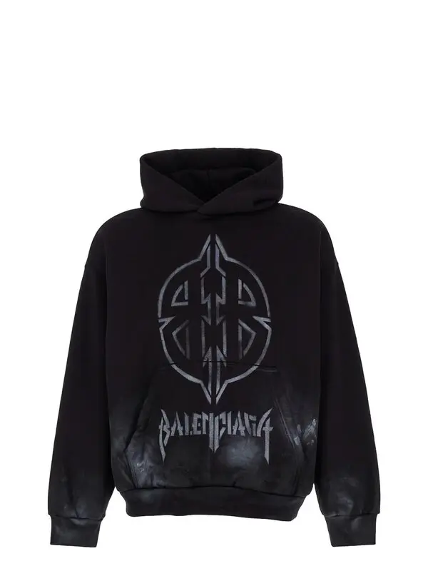 Balenciaga Black Hoodie With Metal Bb Stencil Motif In Dirty Effect Cotton - Multicolor
