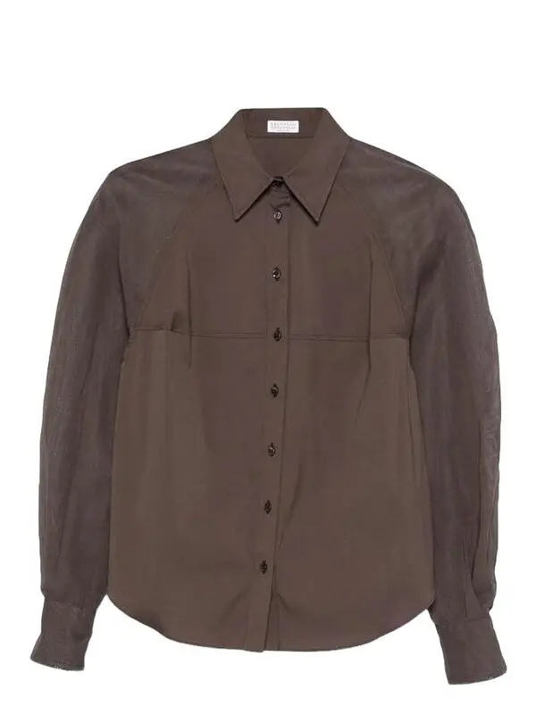 Brunello Cucinelli Sheer Paneled Button Fastening Point Collar Shirt - Brown