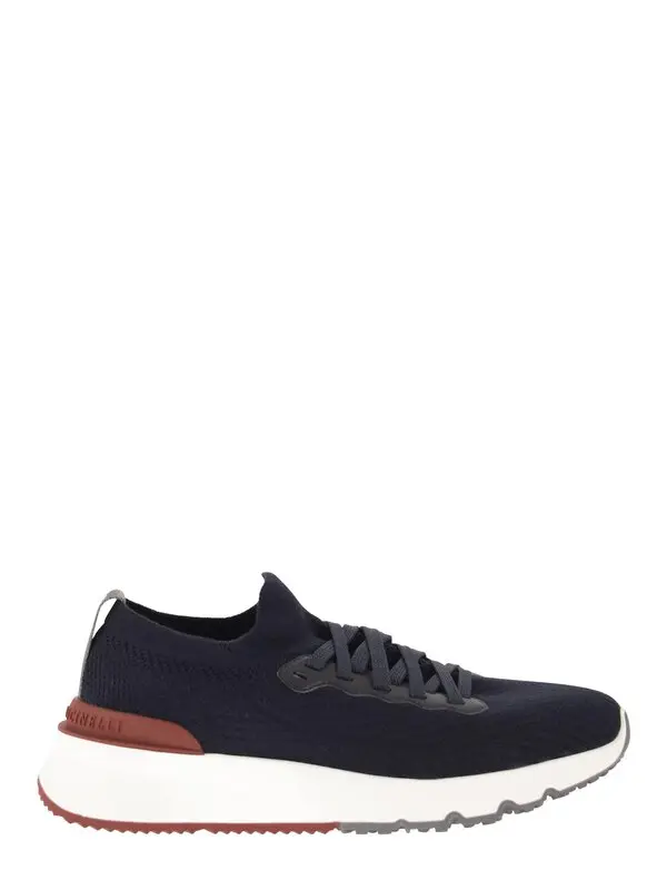 Brunello Cucinelli Cotton Knit And Semi-glossy Calf Leather Runners - Blue