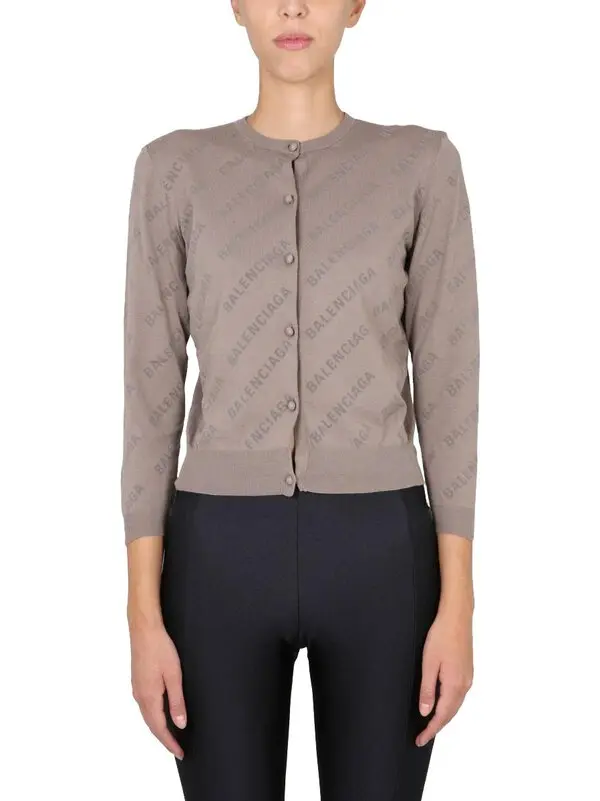 Balenciaga Allover Logo Cropped Cardigan - Cream
