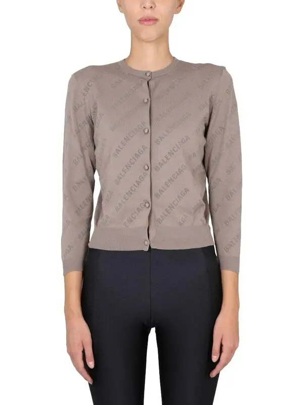 Balenciaga Allover Logo Cropped Cardigan - Cream