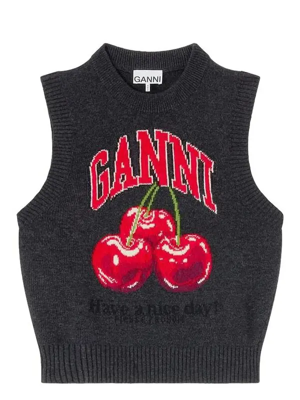 GANNI Sleeveless Knit Cherry Detail Tank - Gray