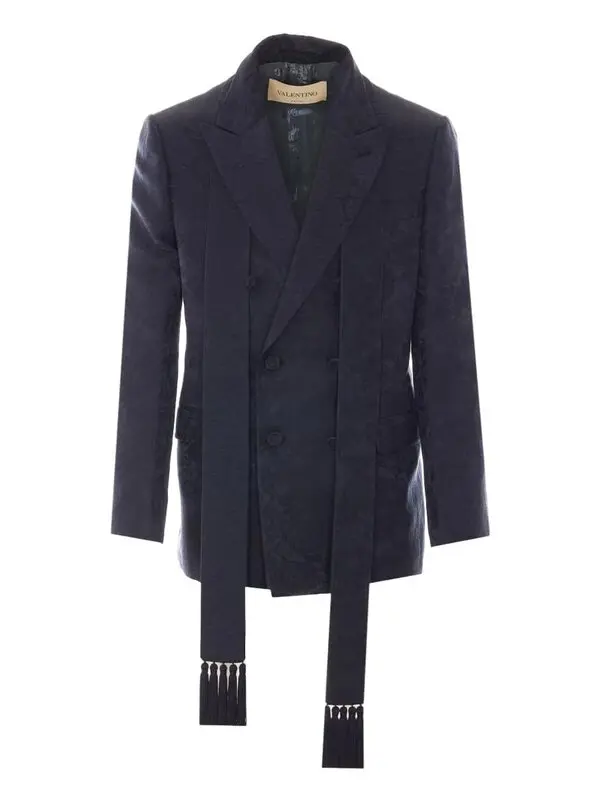 Valentino Garavani Double Breasted Jacket With Fringed Scarf - Blue