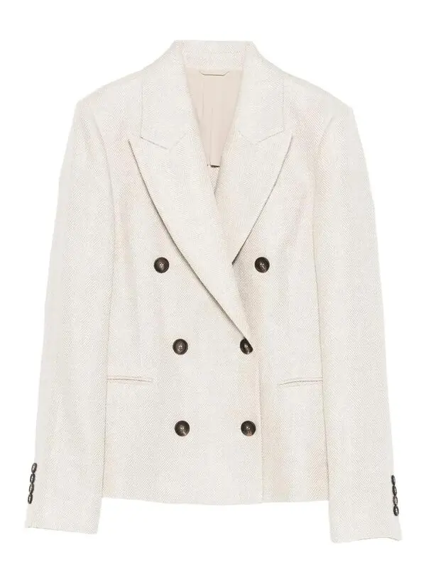 Brunello Cucinelli Herringbone Double-breasted Blazer - Cream