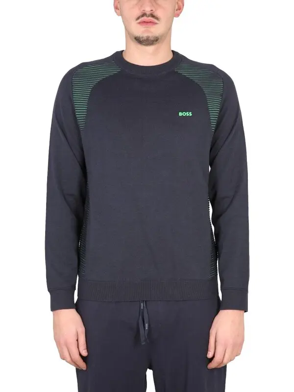 BOSS Crew Neck Striped Logo Sweater - Blue