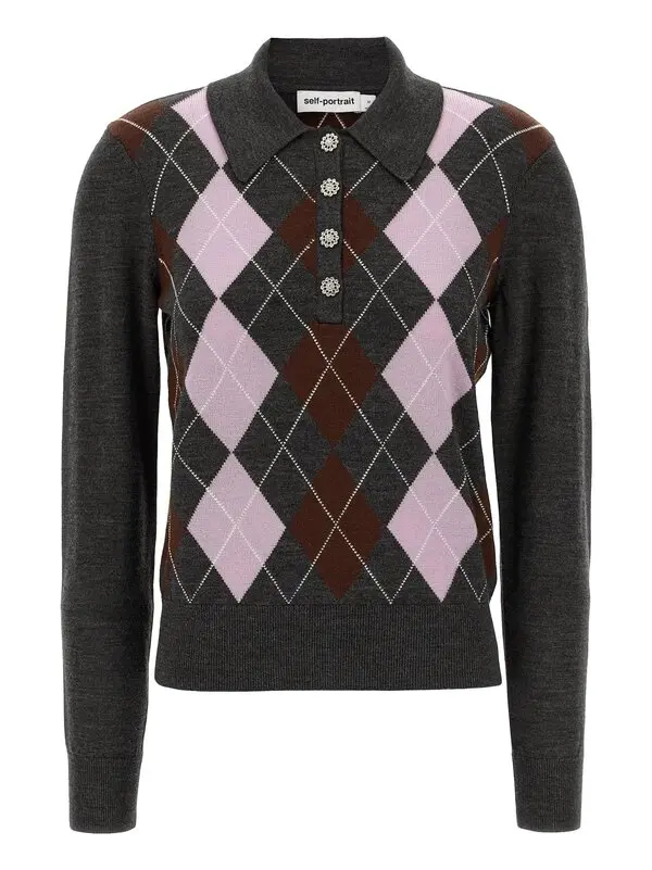 SELF-PORTRAIT Argyle Lightweight Wool Sweater - Gray