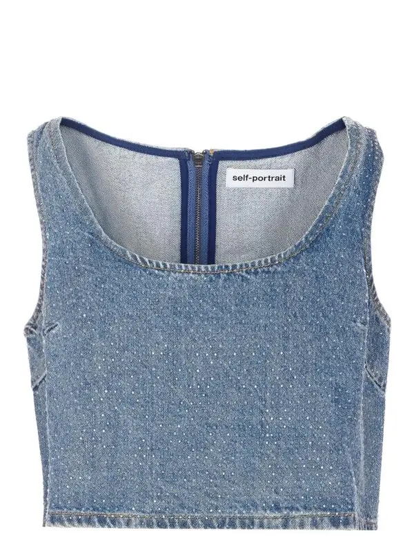 SELF-PORTRAIT Rhinestone Embellished Denim Crop Top - Blue