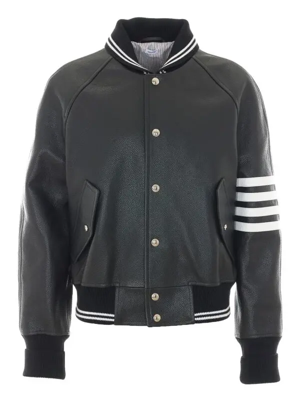 Thom Browne Oversized Leather Bomber With 4-bar - Black