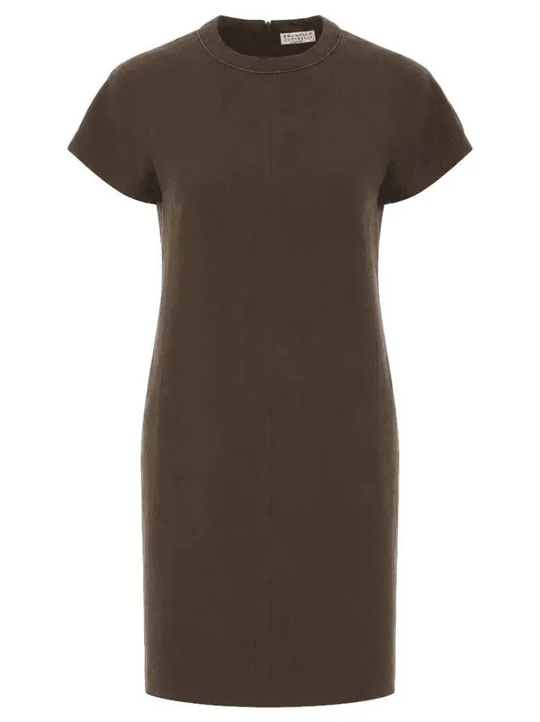 Brunello Cucinelli Viscose And Linen Fluid Twill T-shirt Dress With Shiny Trim - Brown