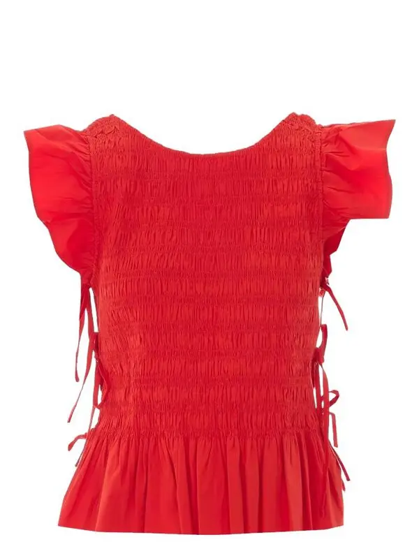GANNI Smocked Cotton Sleeveless Top - Red