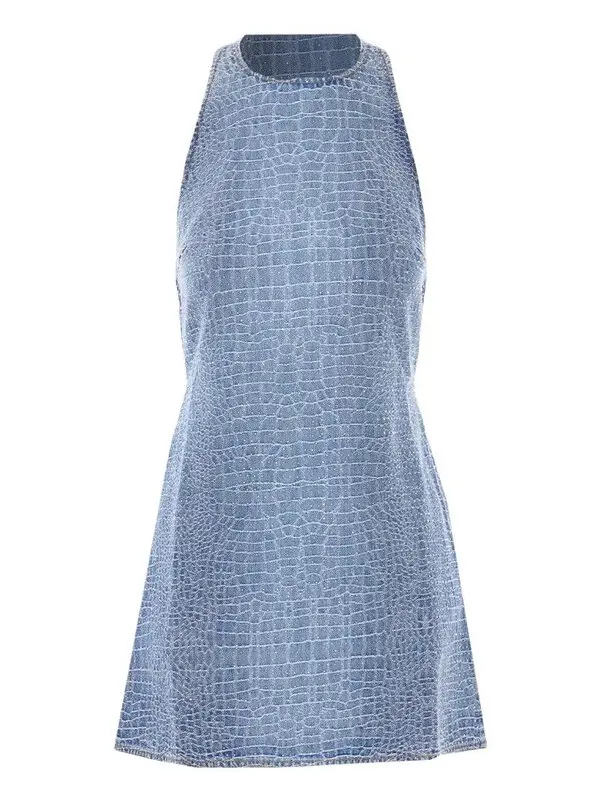 SELF-PORTRAIT Rhinestone Croc Effect Denim Mini Dress - Blue