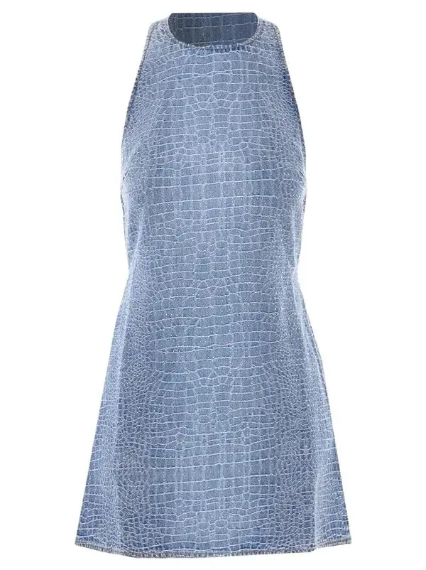 SELF-PORTRAIT Rhinestone Croc Effect Denim Mini Dress - Blue