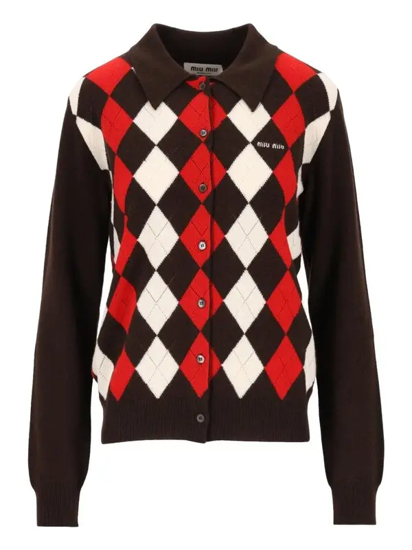 Miu Miu Cashmere Argyle Cardigan - Brown