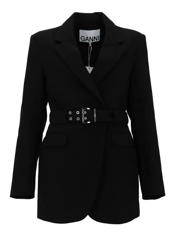 GANNI Crepe Belted Blazer - Black