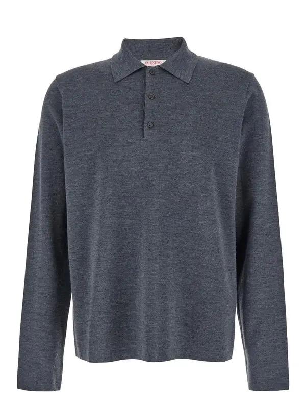 Valentino Garavani Grey Polo Shirt With Classic Collar And Long Sleeves In Wool - Multicolor