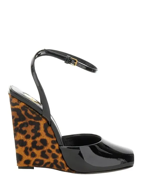 Saint Laurent Scandale' Black Wedges With Animalier Print In Patent Leather - Multicolor