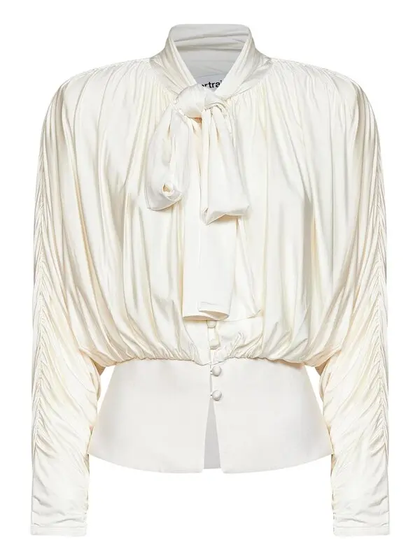 SELF-PORTRAIT Jersey Gathered Tie Neck Top - Multicolor