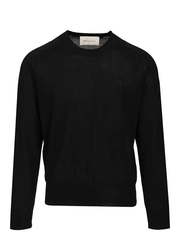 AMI Paris Extra-fine Merino Wool Embroidered Crewneck Sweater - Black