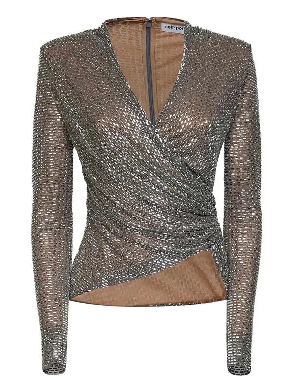 SELF-PORTRAIT Rhinestone-embellished Mesh Wrap Top - Multicolor