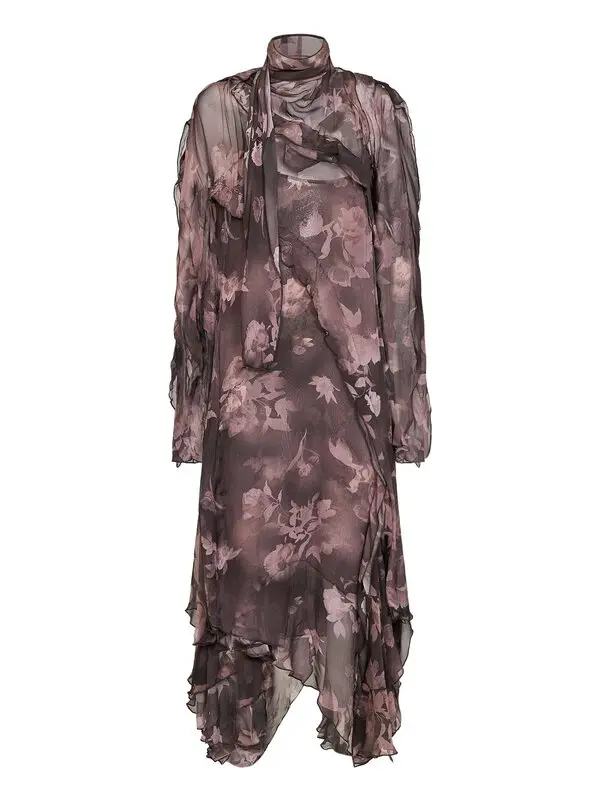 DIESEL® Brown Chiffon And Crêpe D-riadi Asymmetric Midi Dress - Multicolor