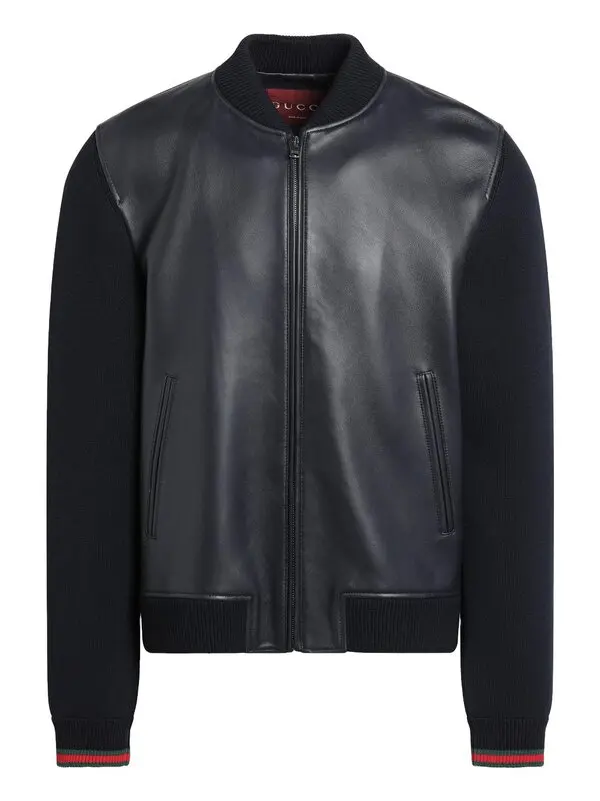 Gucci Navy Nappa Leather And Knit Bomber Jacket - Blue